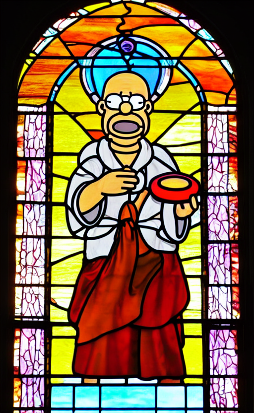 KREA AI - intricate stained glass window of Homer Simpson as...