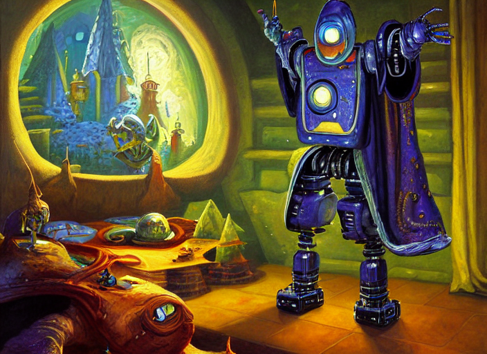 KREA AI - fantasy oil painting, a robotic wizard that is wea...