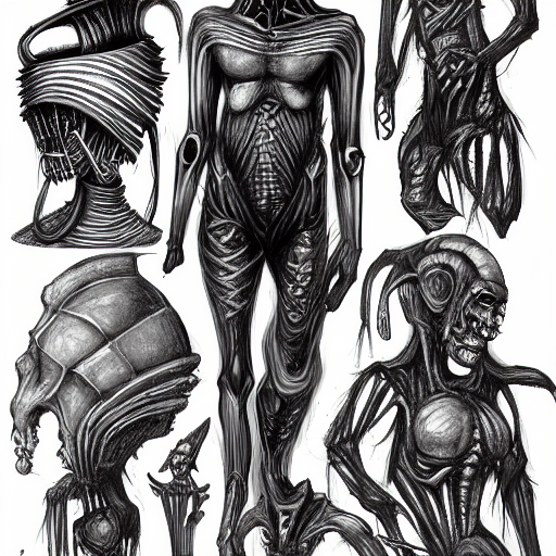 KREA AI - human inspired by HR Giger, Character Sheet