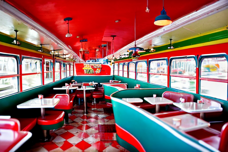 KREA AI - 1 9 7 5 googie train themed classic american diner...