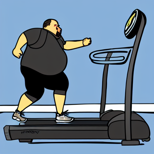 KREA AI - a fat man running on a treadmill heavily sweating,...