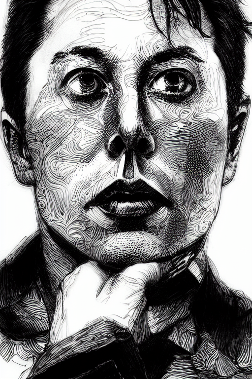 KREA AI - Portrait of Elon Musk, pen and ink, intricate line...