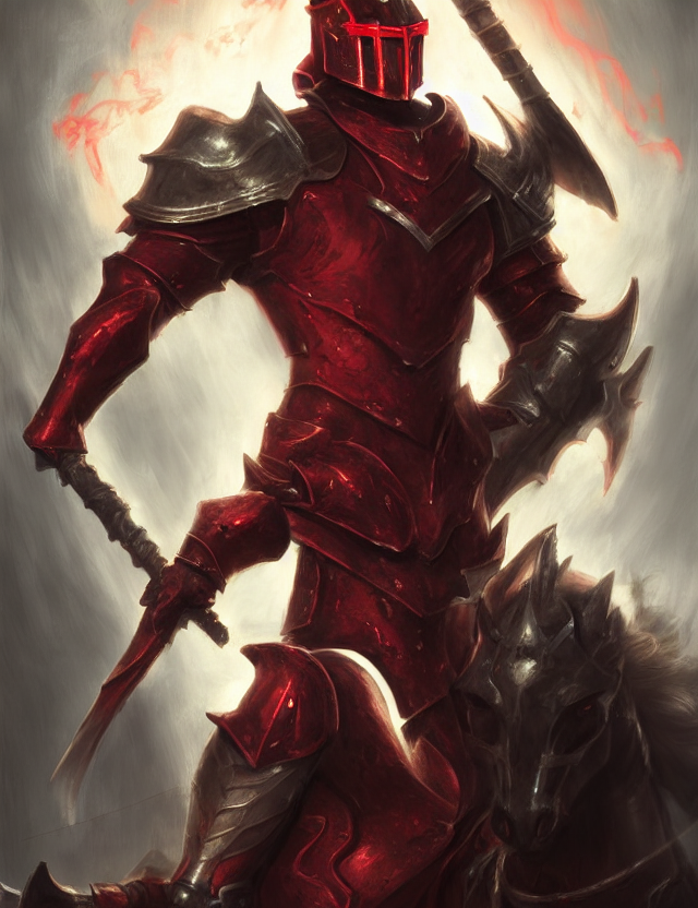 KREA AI - a masked knight in crimson armour mounted on a spe...