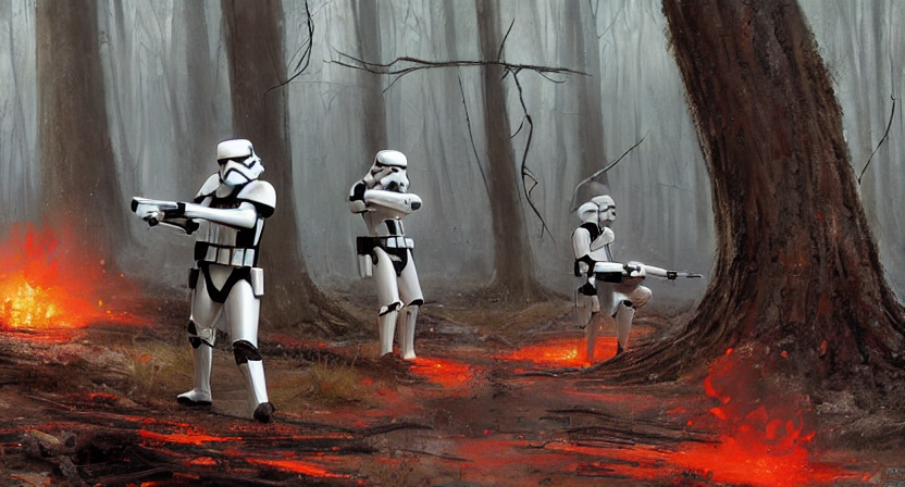 KREA AI - stormtroopers shooting red blaster bolts at a youn...
