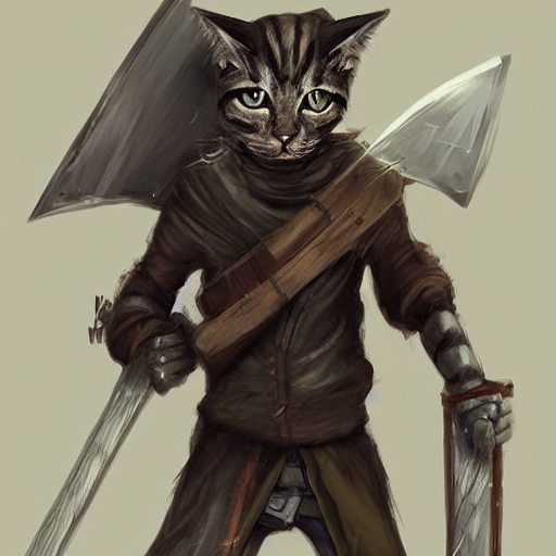 KREA AI - humanoid homeless cat wearing rags, wielding a bro...