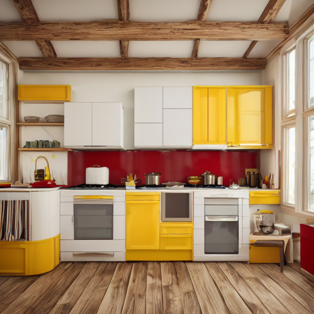 KREA AI - kitchen interior in a wooden a frame cabin, yellow...
