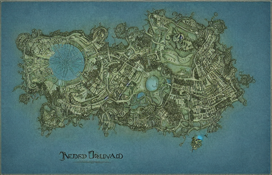 KREA AI - realistic detailed map to neverland, blueprint sty...