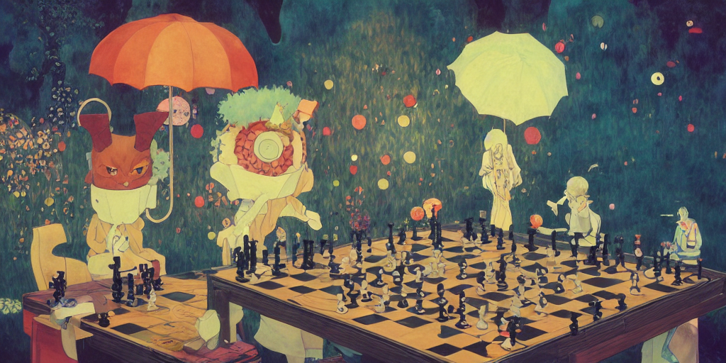 KREA AI - cute anime monsters playing chess by Klimt and Gor...
