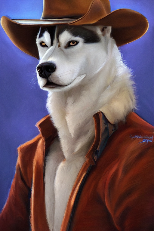 KREA AI - a portrait painting of a husky in cowboy costume,