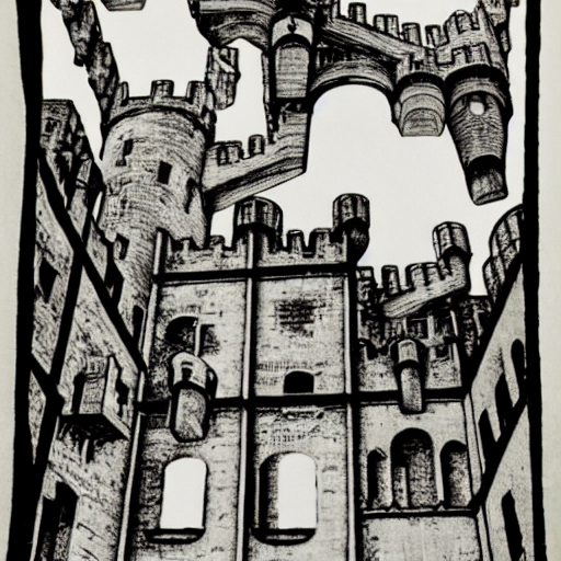 KREA AI - castle in the air, mc escher woodcut