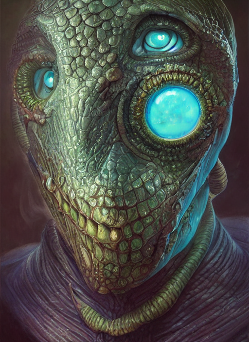 KREA AI - aquatic mf doom reptile eyes, blue glowing skin. i...