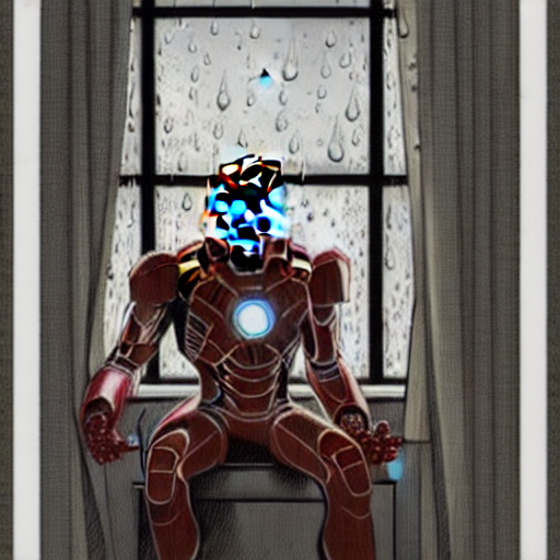 KREA AI - iron man staring miserably through a rain - streak...