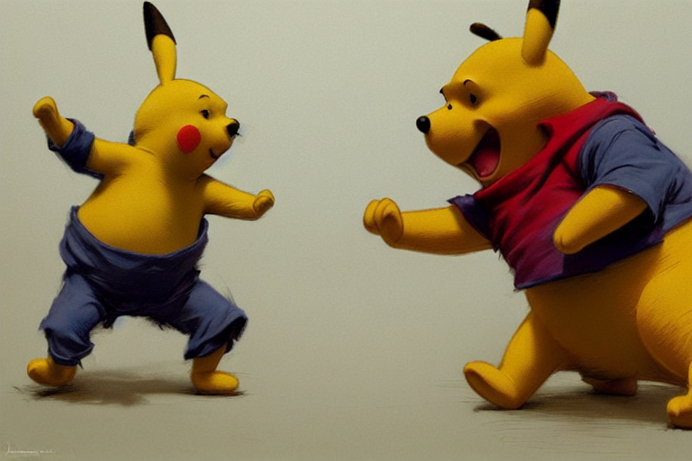 KREA AI - winnie the pooh vs pikachu, fist fight, detailed f...