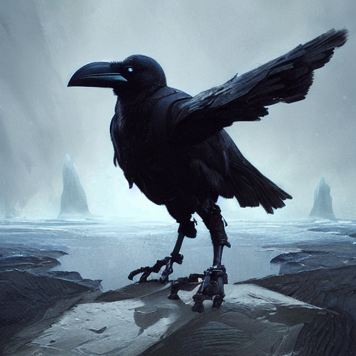 KREA AI - self portrait of a robot raven. Full body with hoo...