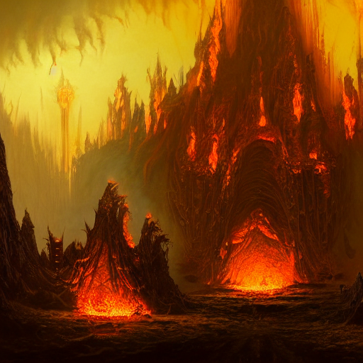 KREA AI - a fiery hellscape, in style of Doom, in style of M...