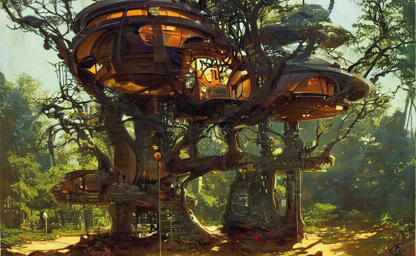 KREA AI - a scene of futuristic treehouse surrounded by anci...