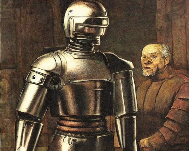 KREA AI - robocop in medieval age, made by rembrandt made by...