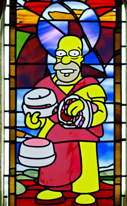 KREA AI - intricate stained glass window of Homer Simpson as...