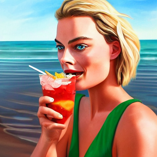 KREA AI - Margot Robbie drinking a cocktail on the beach, di...