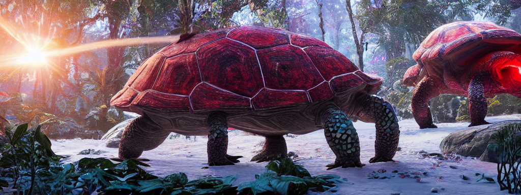 KREA AI - large glowing tortoise with shiny red fish scales ...