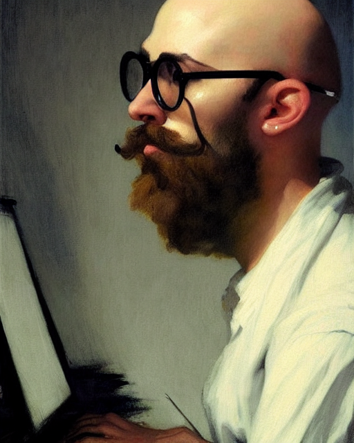 KREA AI - a bald hacker with a moustache and glasses at the ...