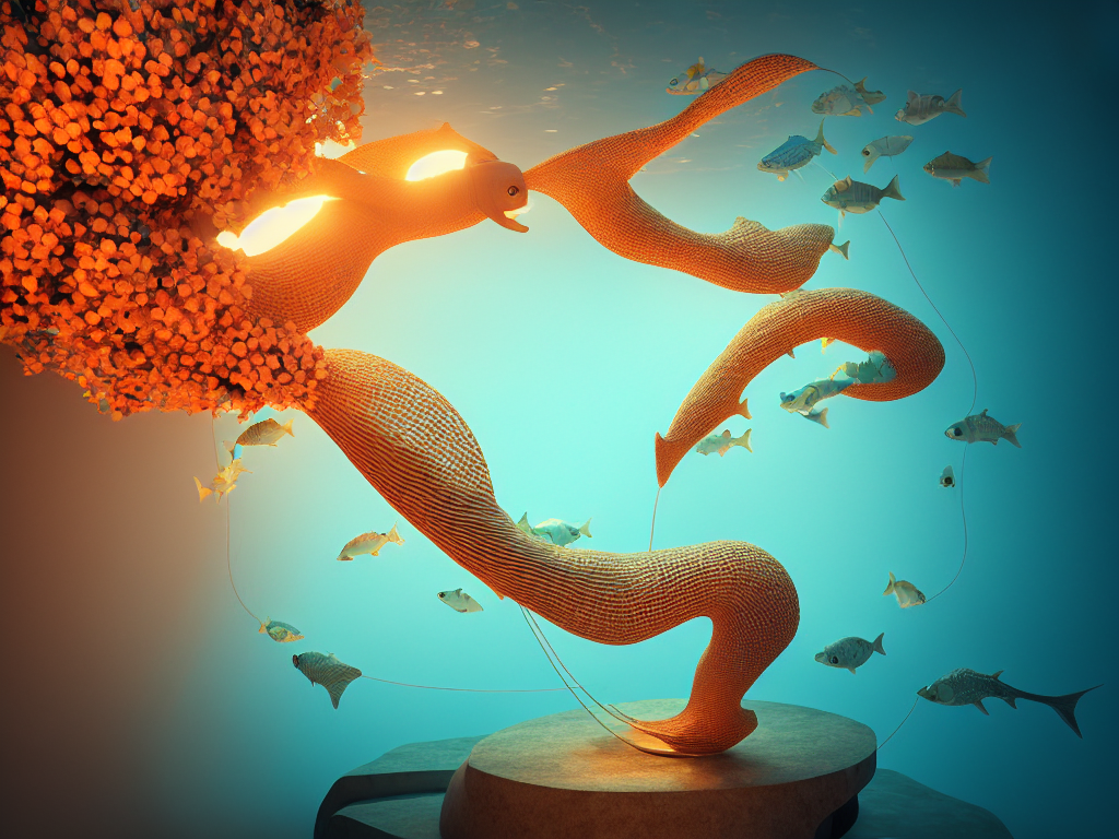 KREA AI - a sculpture of fish ocean intertwined, diode light...