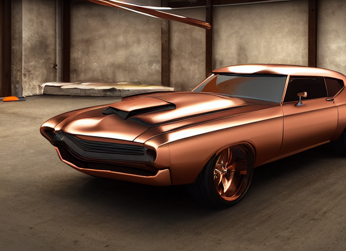 KREA AI - classic muscle car with copper paint, in a worksho...