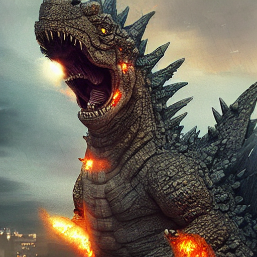 KREA AI - godzilla breathing fire on a city, au naturel, hyp...