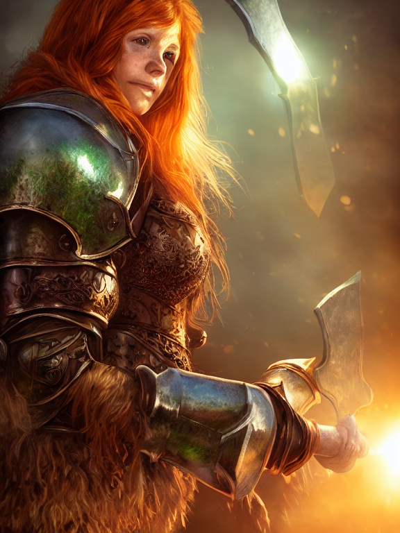 KREA AI - portrait art of dwarven woman, ginger hair, green ...