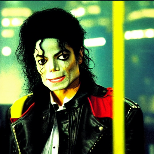 KREA AI - Michael Jackson in a cyberpunk world reflecting at...
