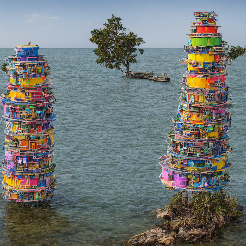 KREA AI - a circular tower, made up of colourful makeshift s...