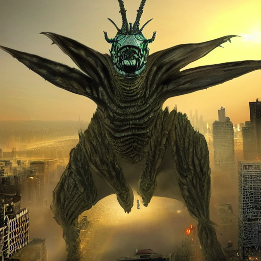 KREA AI - giant insect kaiju with wings destroying a city, p...