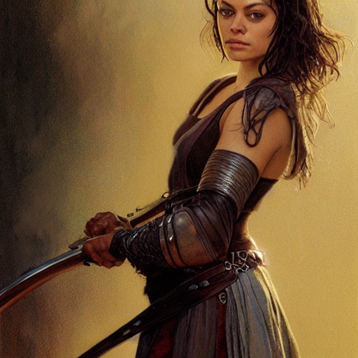 KREA AI - mila kunis as aragorn by alan lee, leather armor,