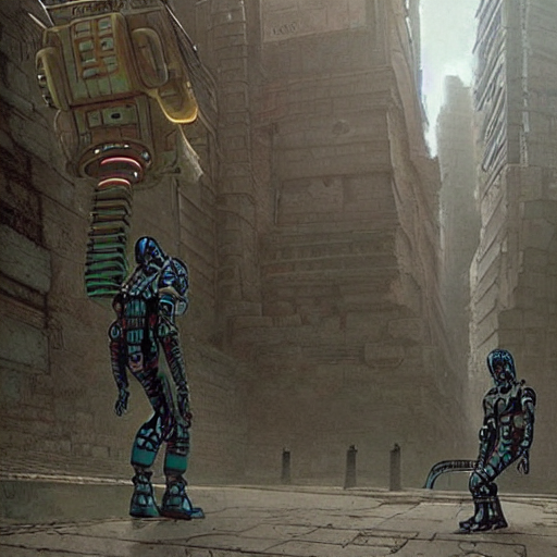KREA AI - mayan cyberpunk robot golem striding through stree...