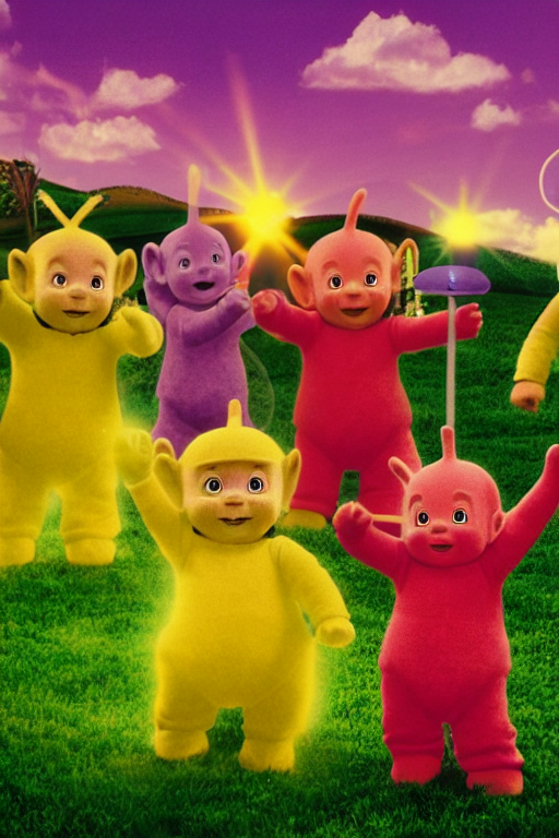 KREA AI - Teletubbies gathered in a circle and evoke Satan,