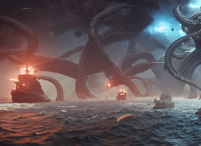 KREA AI - a giant lovecraftian space kraken battling a fleet...