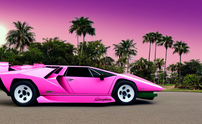 KREA AI - lamborghini countach with doors open. palm trees a...