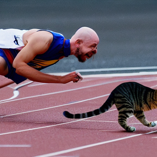 KREA AI - photo of a track runner tripping over a cat