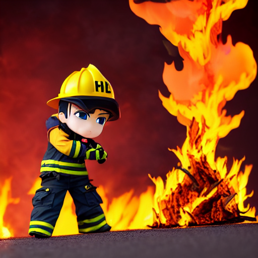 KREA AI - heroic firefighter in action as nendoroid in black...