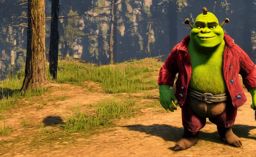 KREA AI - Screenshot of Shrek in Red Dead Redemption 2,
