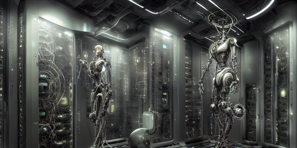 KREA AI - detailed futuristic robot at the big data center,