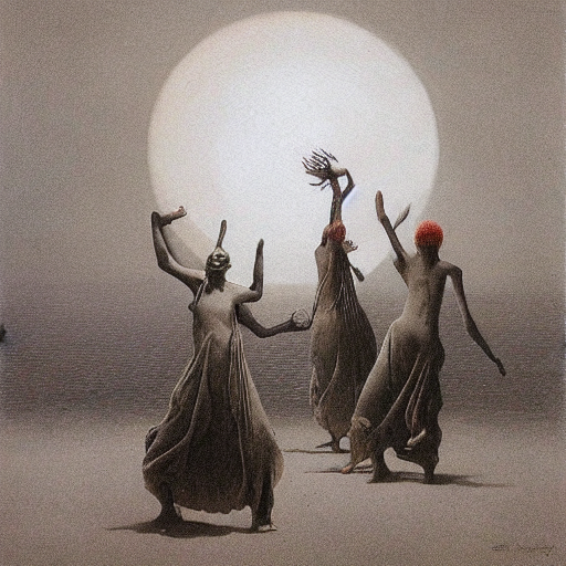 KREA AI - crimson devils dancing around a pyre, a small moon...