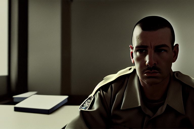 KREA AI - a cinematic painting of a male prison guard, sat a...