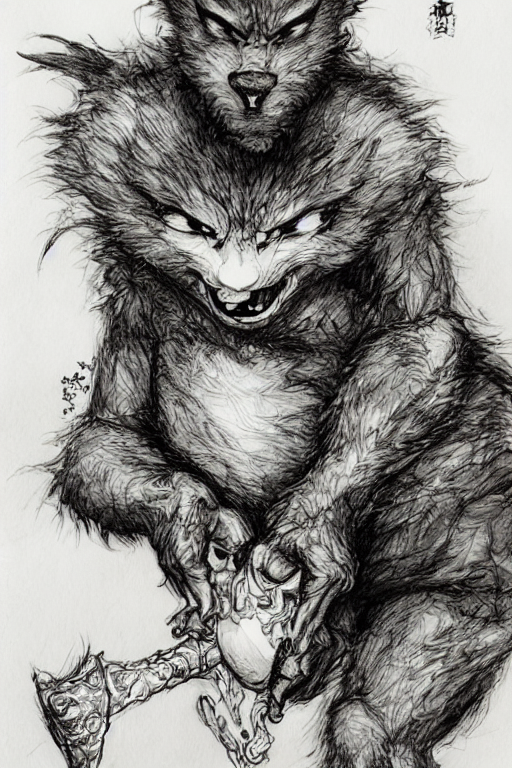 KREA AI - A cute baby werewolf eating , pen and ink, intrica...