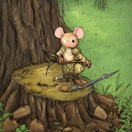 KREA AI - Mouse Guard sits on a stump holding a sword, in de...