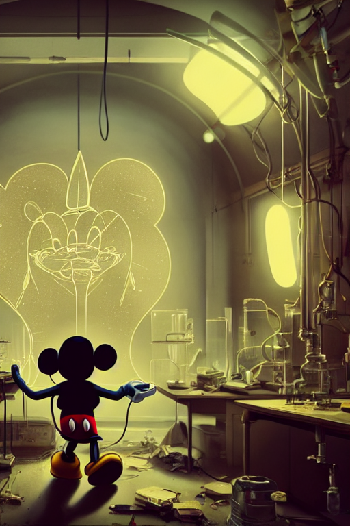 KREA AI - scientist repairing mickey mouse head in abandoned...