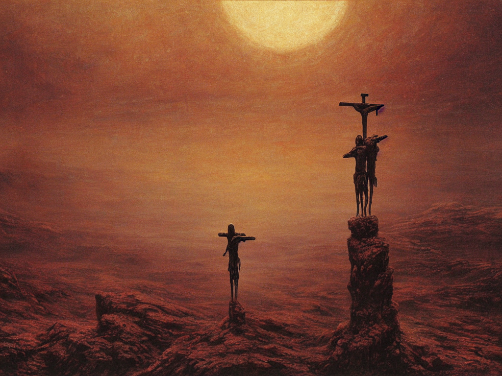 KREA AI - jesus christ crucifixion in distance on an alien p...