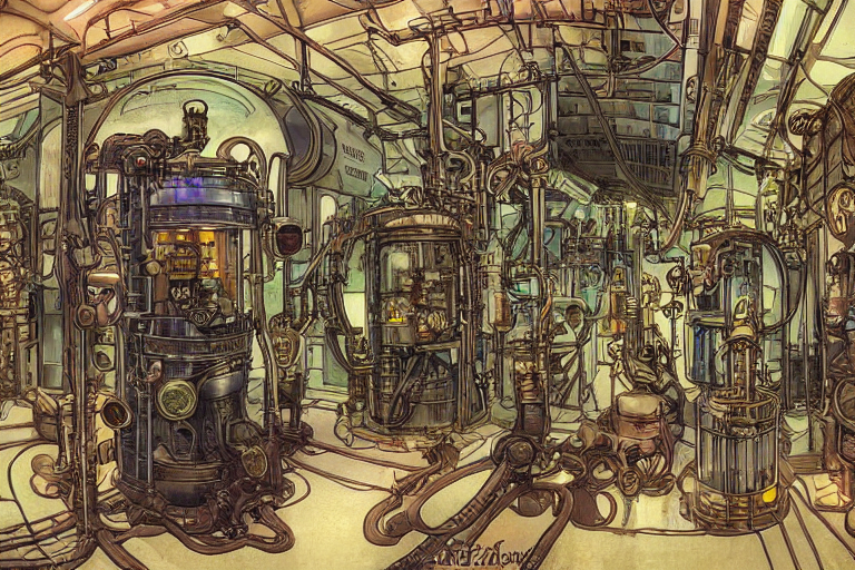 KREA AI - steampunk lab room filled with big vapor tubes and...