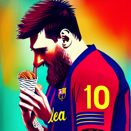 KREA AI - lionel messi with a majestic beard eating a kfc zi...