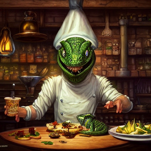 KREA AI - a reptilian kobold chef in a tavern, wearing overs...